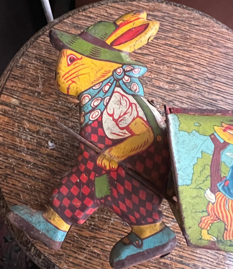 Vintage Chein Tin Litho Toy Easter Bunny Rabbit Pulling Wagon Cart W ...
