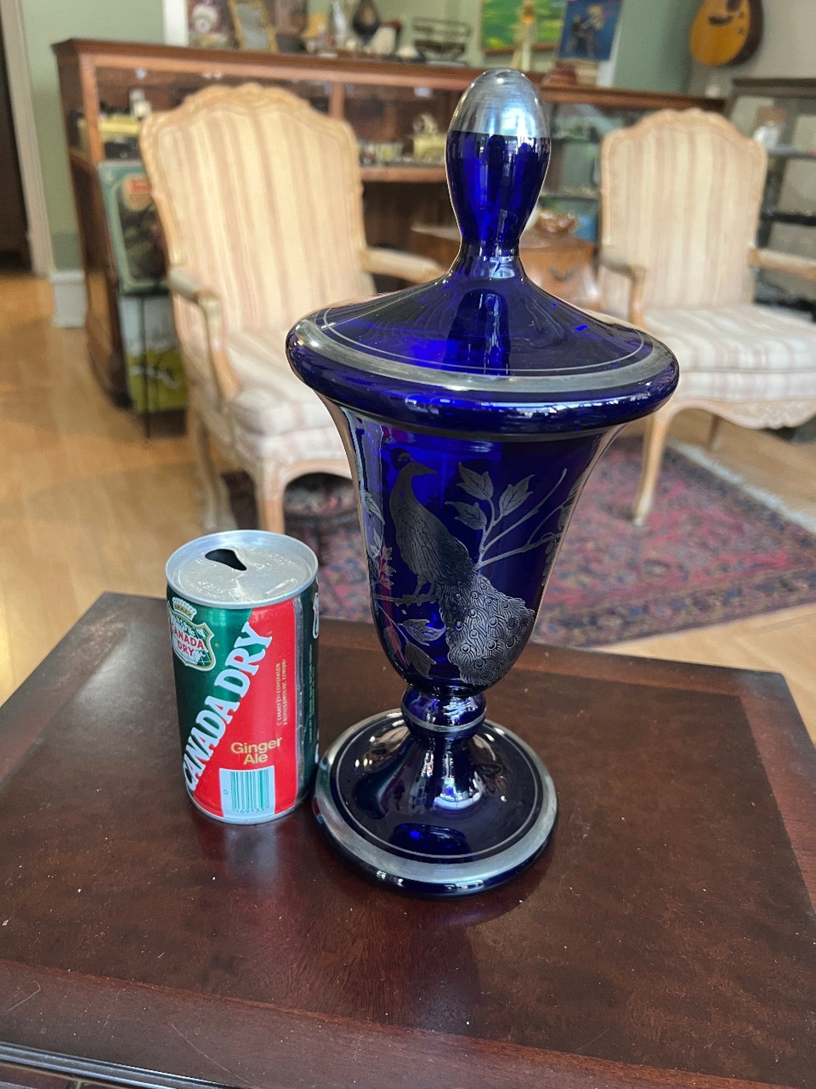 Antique Sterling Overlay Peacock Cobalt Blue Covered Jar Art Glass ...