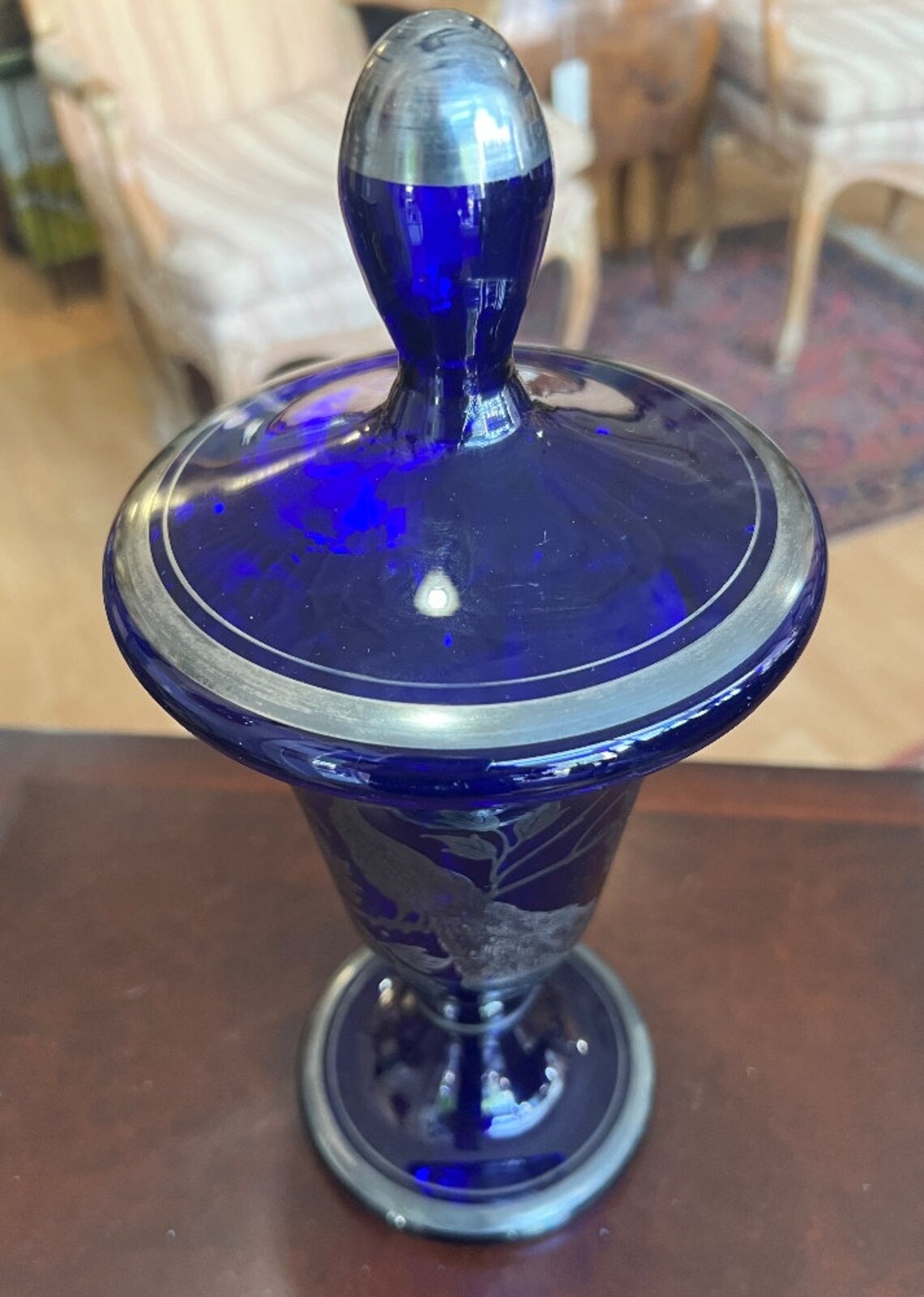 Antique Sterling Overlay Peacock Cobalt Blue Covered Jar Art Glass ...