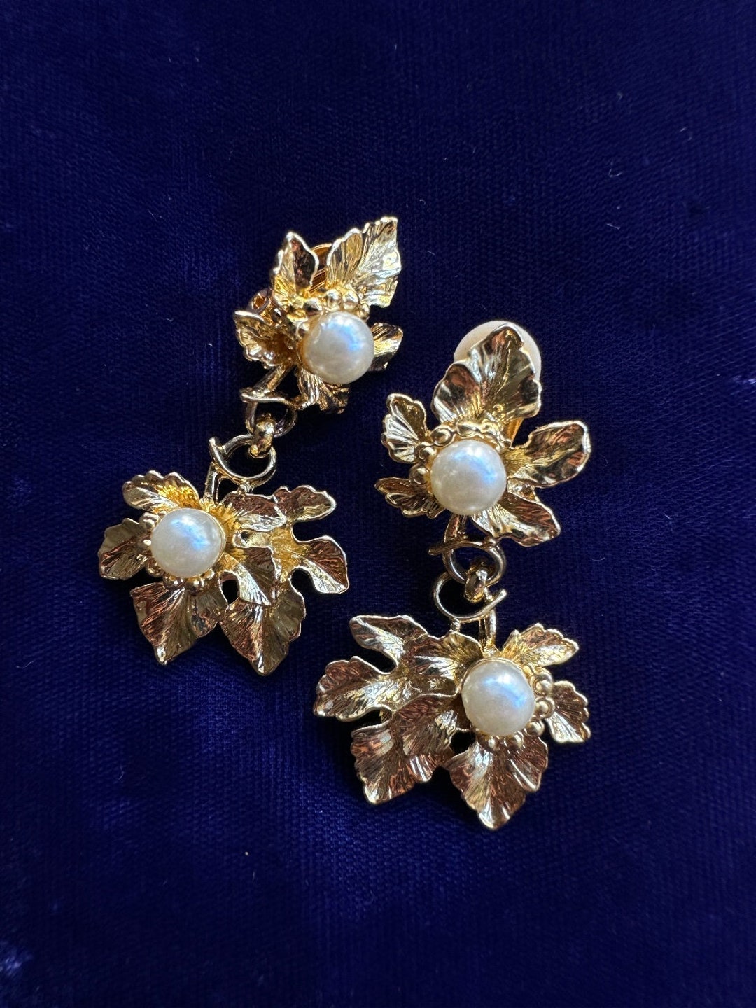 Vintage Gold Plated MCM Pearl Leaf Dangle/drop Clip on Large Earrings 2 ...