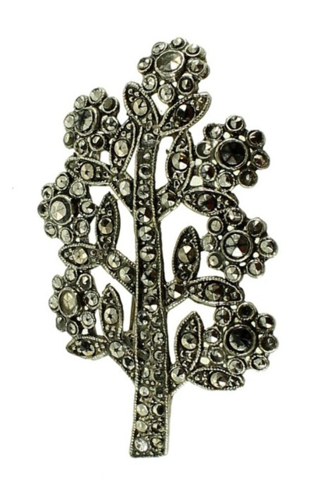 Antique Deco 1920s Medieval Design Silver Marcasite Flower Stem Pin 2.5 ...