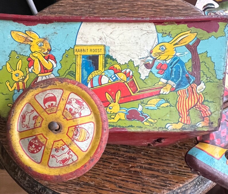 Vintage Chein Tin Litho Toy Easter Bunny Rabbit Pulling Wagon Cart W ...
