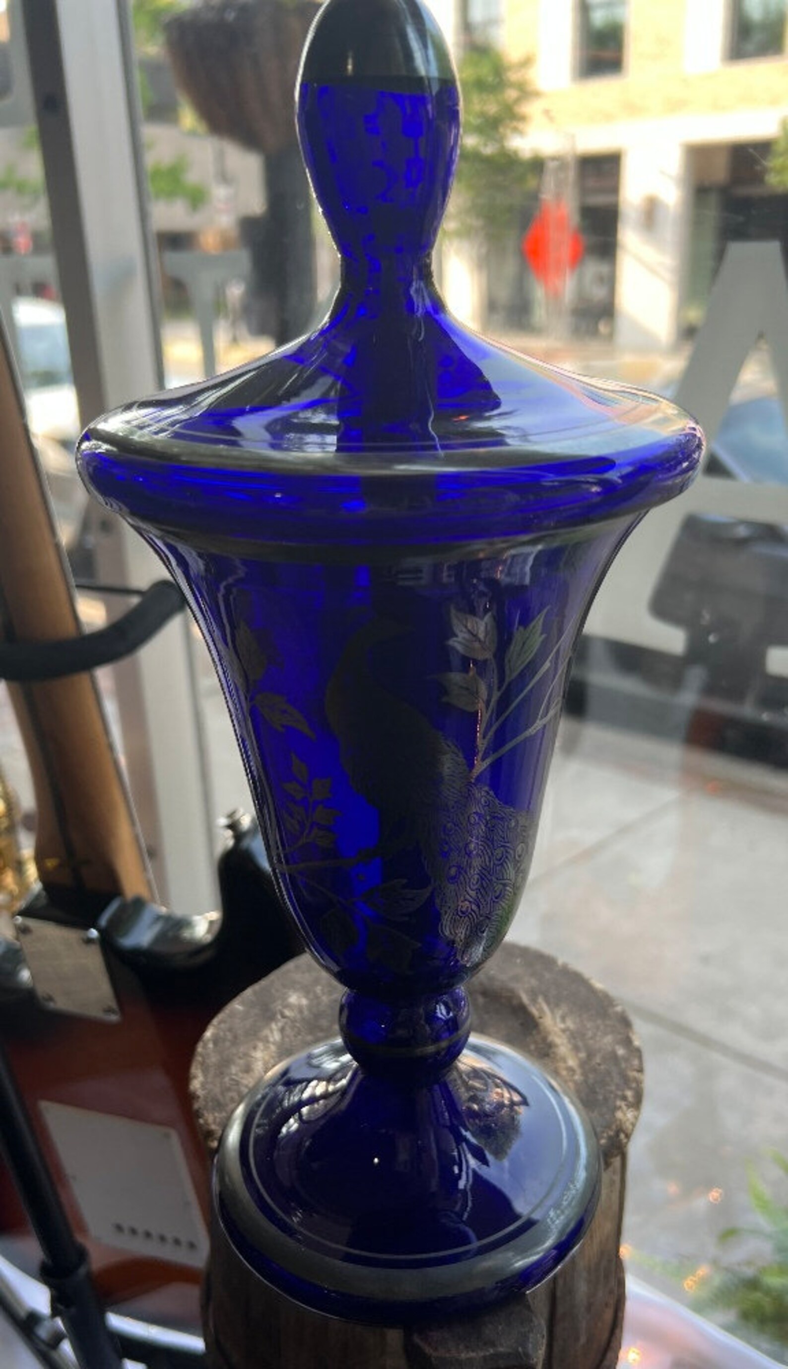 Antique Sterling Overlay Peacock Cobalt Blue Covered Jar Art Glass ...