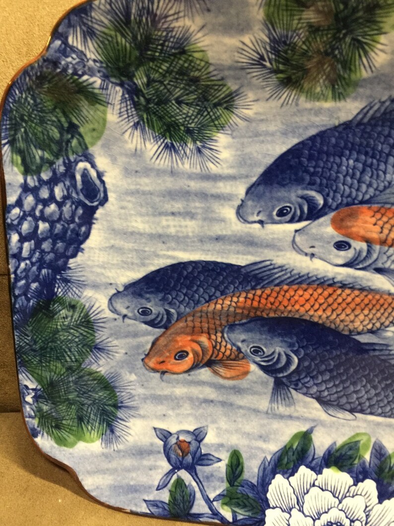 Vintage Japanese Porcelain Serving Dish Plate Koi Fish & Lotus | Etsy