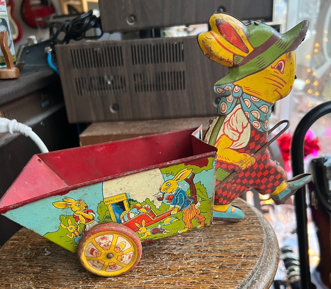 Vintage Chein Tin Litho Toy Easter Bunny Rabbit Pulling Wagon Cart W ...