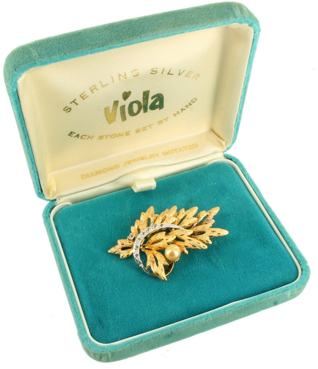 Vintage Sterling Gold Viola Chipped Ice Leaf Design Pin Original Box ...