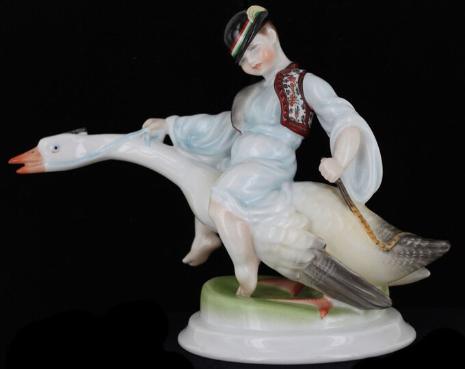 Vintage Deco Herend #5515 Boy Riding Goose Figurine Hand Painted 10.5 ...