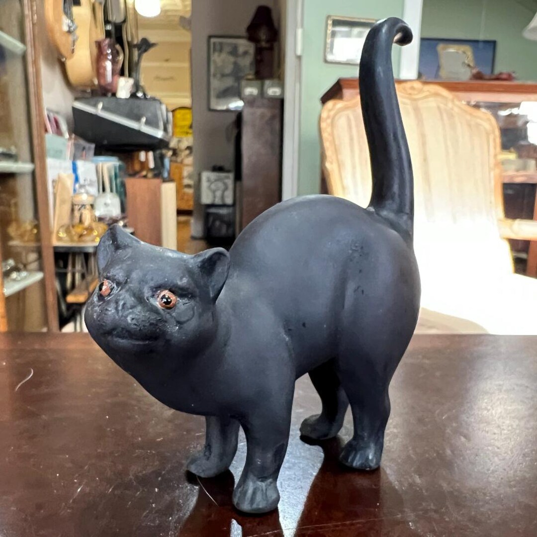 Antique Wedgwood Black Basalt Cat Figure: Amber Glass Eyes, Ernest ...