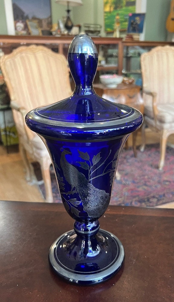 Antique Sterling Overlay Peacock Cobalt Blue Covered Jar Art Glass ...