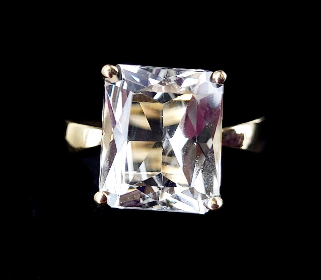 Vintage 10k Gold 5.3ct Quartz Hollywood Regency Emerald Cut Solitaire ...