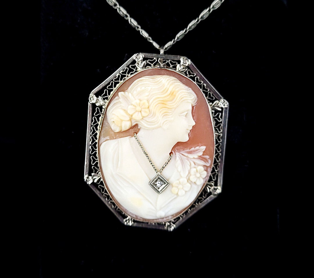 Antique Edwardian Deco 14k White Gold Cameo Habille Brooch Pendant ...