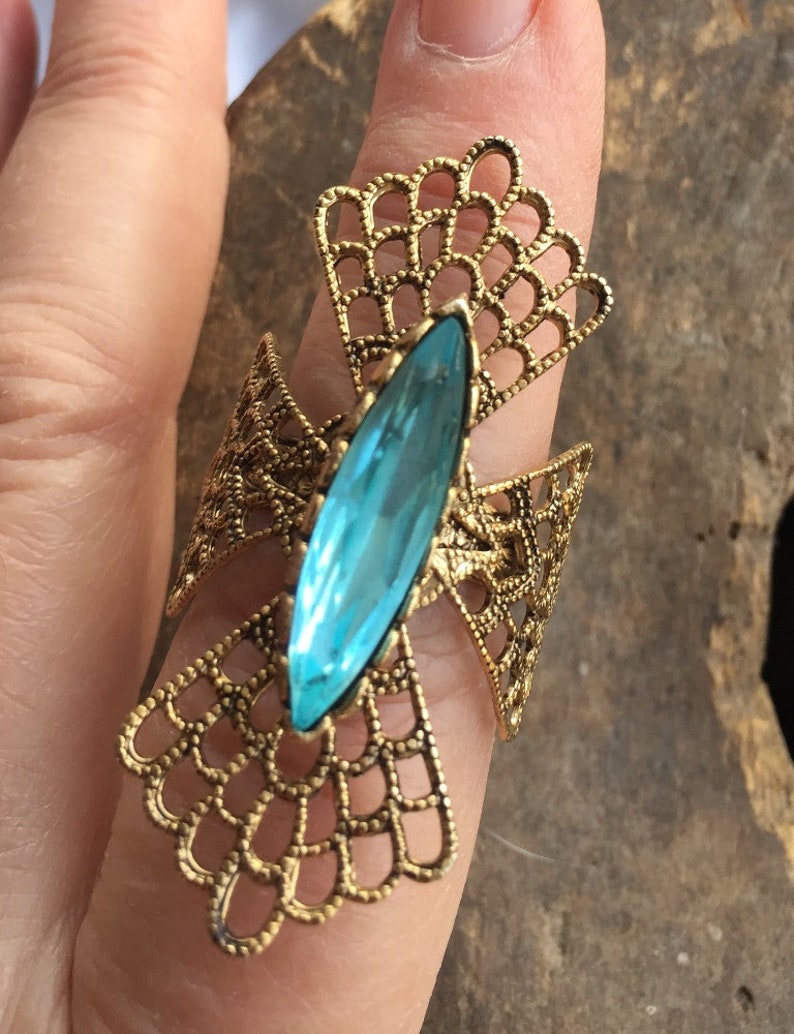 Vintage Victorian Revival Filigree Aqua Paste Gold Plate Adj Statement ...