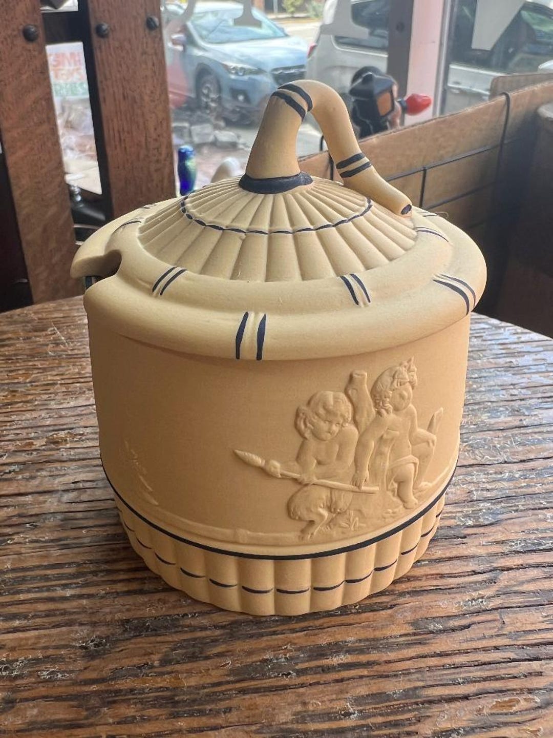 Vintage Wedgwood Porcelain Cameo Cane Yellow Black Trim Mustard Pot ...