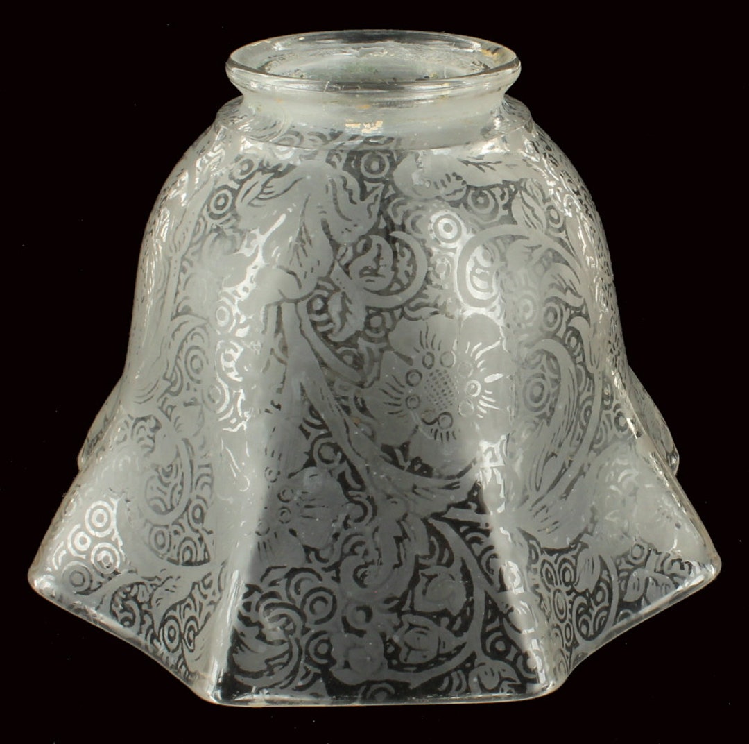 Antique Victorian Acid Etched Glass Fluted Shade Flowers Scrolls ...