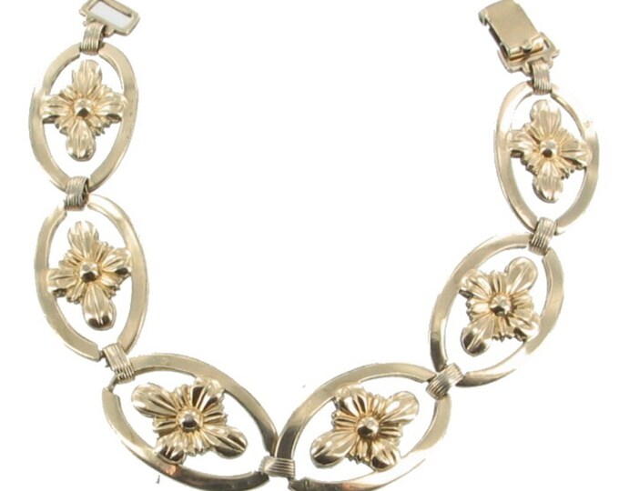 Vintage Deco Sterling 14K Gold Flower Link Bracelet Symmetalic 6.5 ...