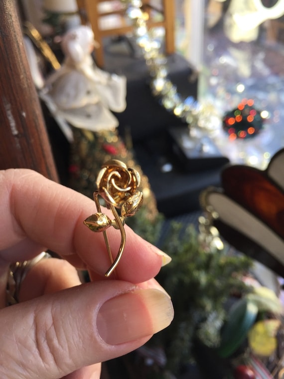 Vintage Krementz Gold Plate Rose & Leaves Stick Pin B… - Gem