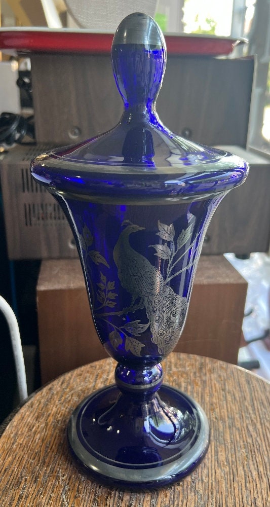 Antique Sterling Overlay Peacock Cobalt Blue Covered Jar Art Glass ...