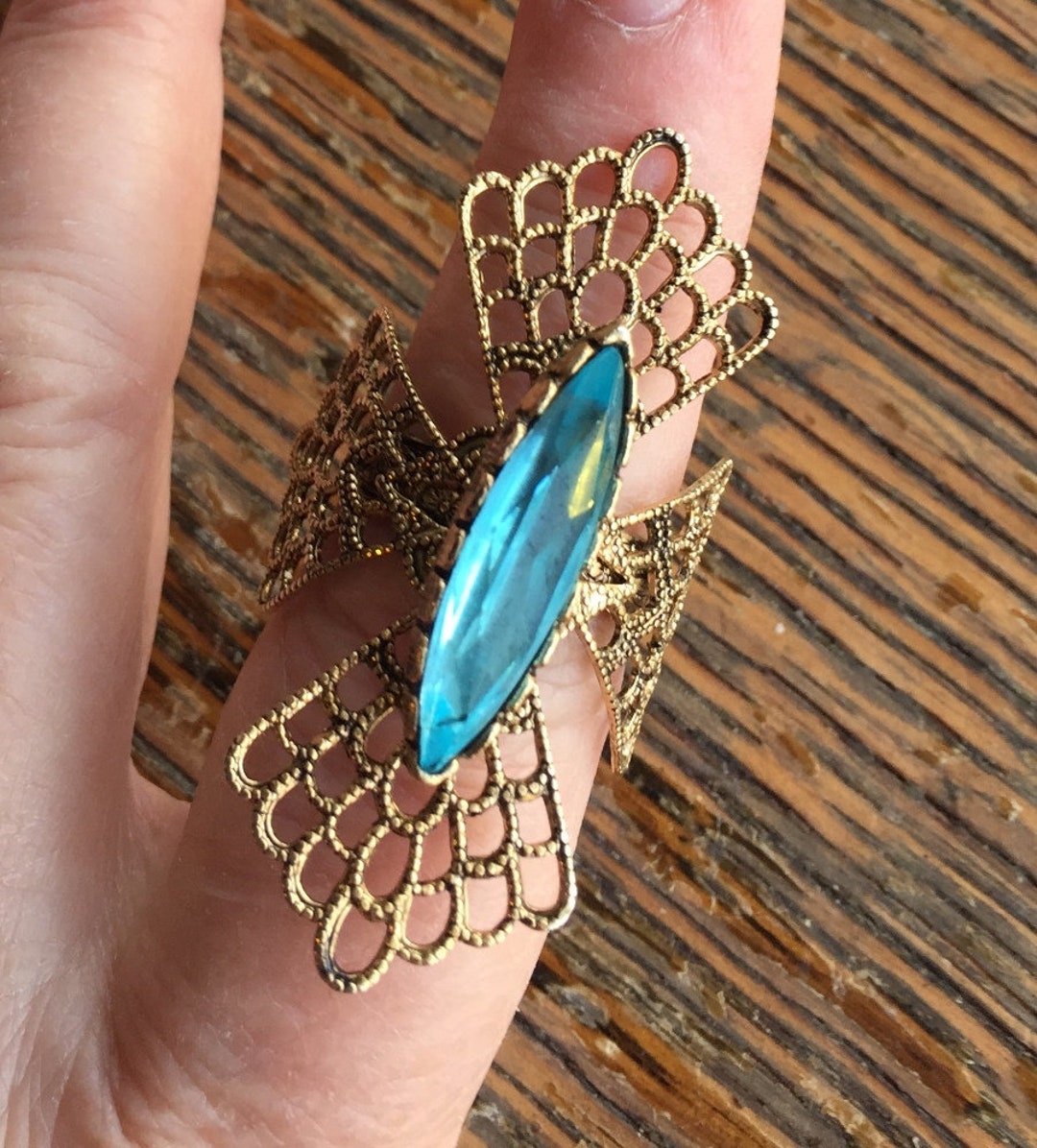 Vintage Victorian Revival Filigree Aqua Paste Gold Plate Adj Statement ...