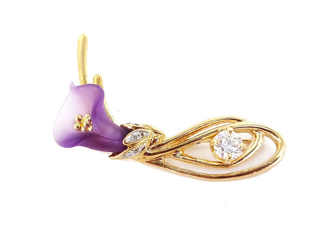 Vintage 14K Gold Mine Cut Diamond Carved Amethyst Floral Calla Lily ...