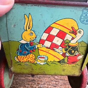 Vintage Chein Tin Litho Toy Easter Bunny Rabbit Pulling Wagon Cart W ...