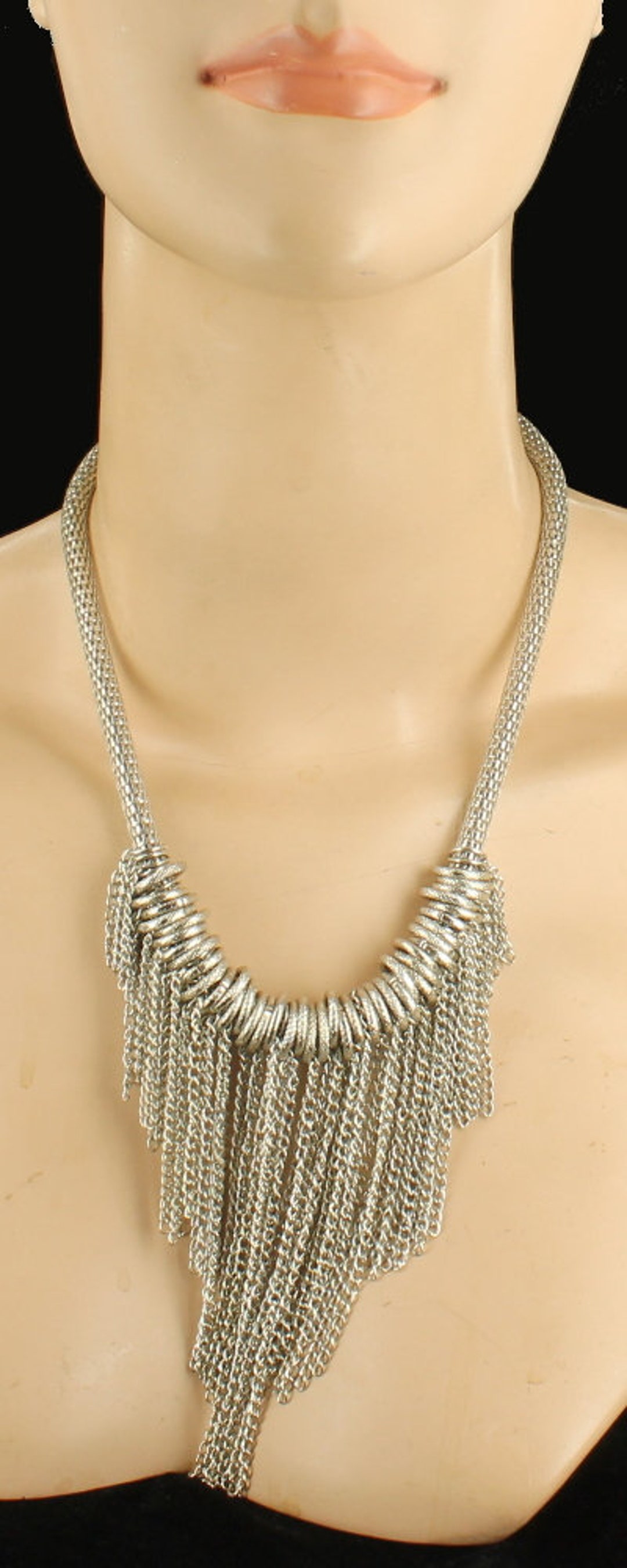 Vintage Cool Chain Mail Rings & Fringe Silver Tone Punk Necklace 21 ...