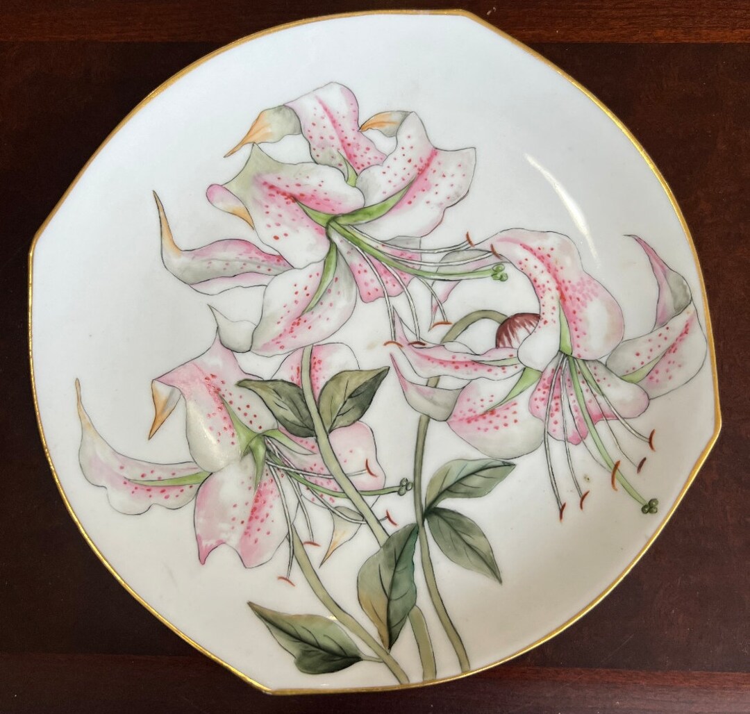 Antique French Star Gazer Lily Pink Flowers Cabinet Wall Plate Hand ...