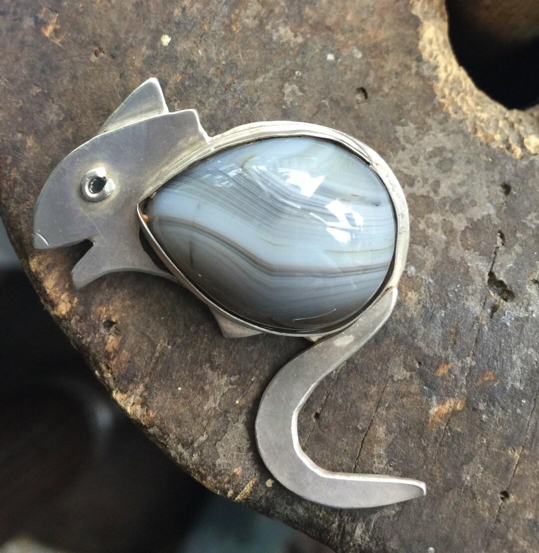 Vintage Sterling Grey Botswana Banded Agate Raya Smiling Rat Mouse Pin ...