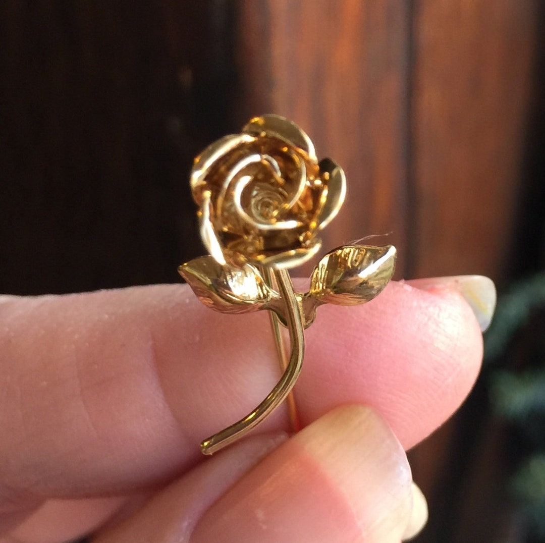 Vintage Krementz Gold Plate Rose & Leaves Stick Pin Brooch Elegant and ...