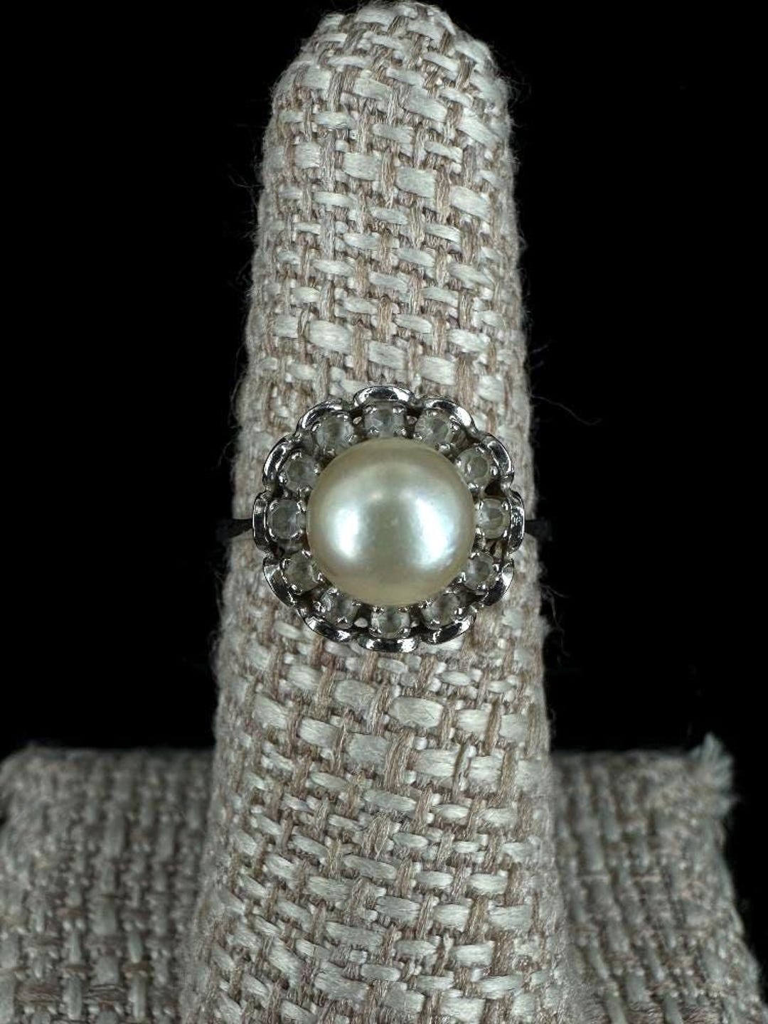Vintage MCM 10k White Gold Pearl Diamond Halo Ring Sz 6.5 - Etsy