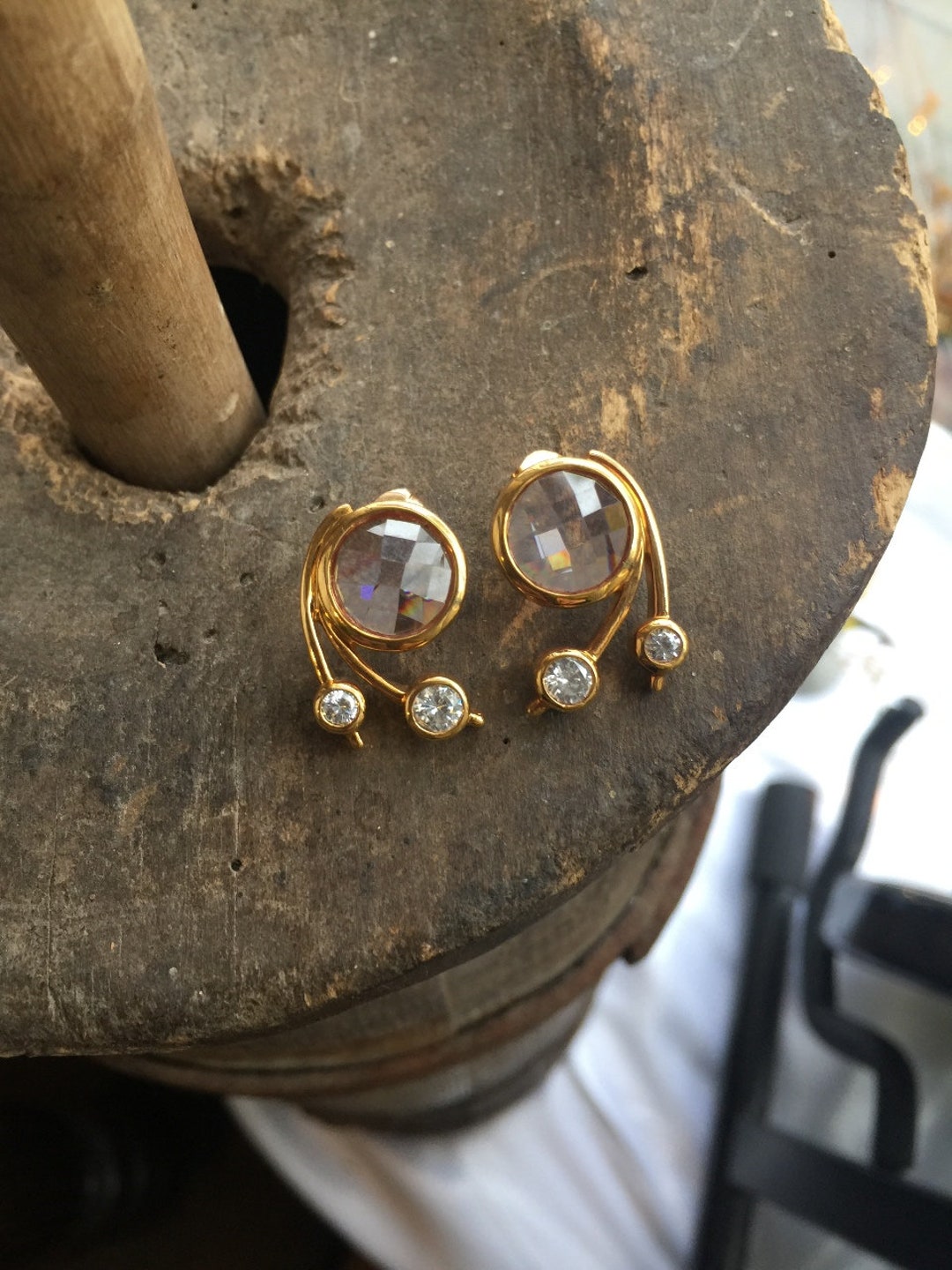 Vintage Sterling Gold Vermeil Pretty Faceted Rainbow Smoky Crystal Post ...