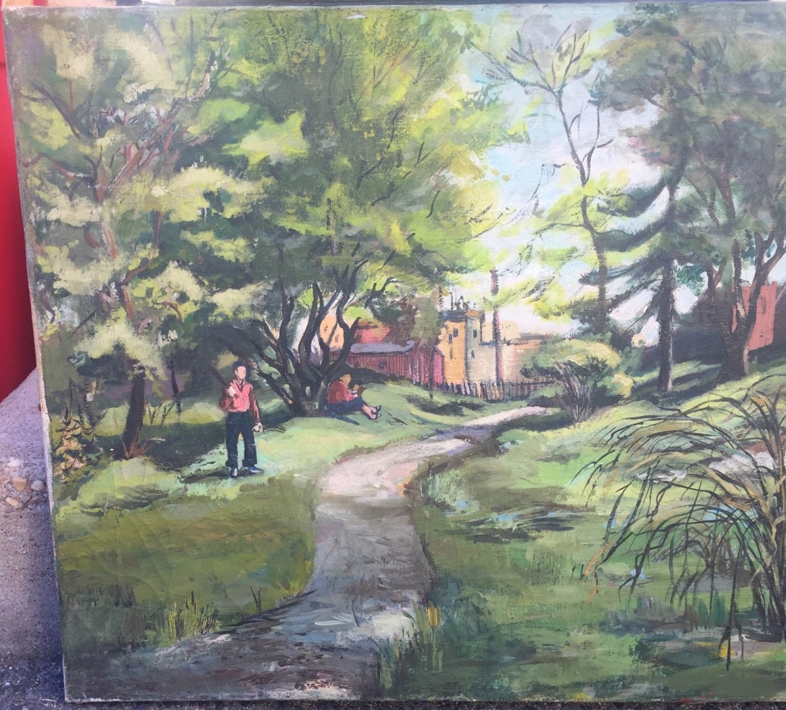 Vintage MCM Oil Painting Abstract Realism Park Landscape w | Etsy