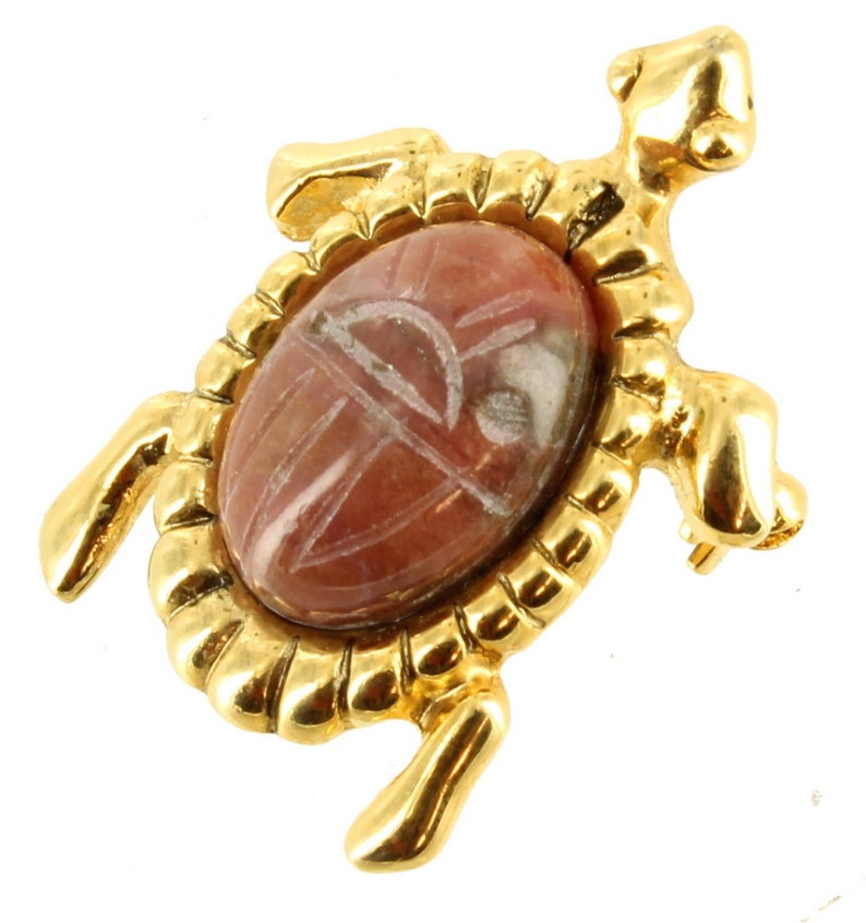 Vintage Egyptian Revival Crawling Turtle Genuine Scarab Gold Tone Pin 1 ...