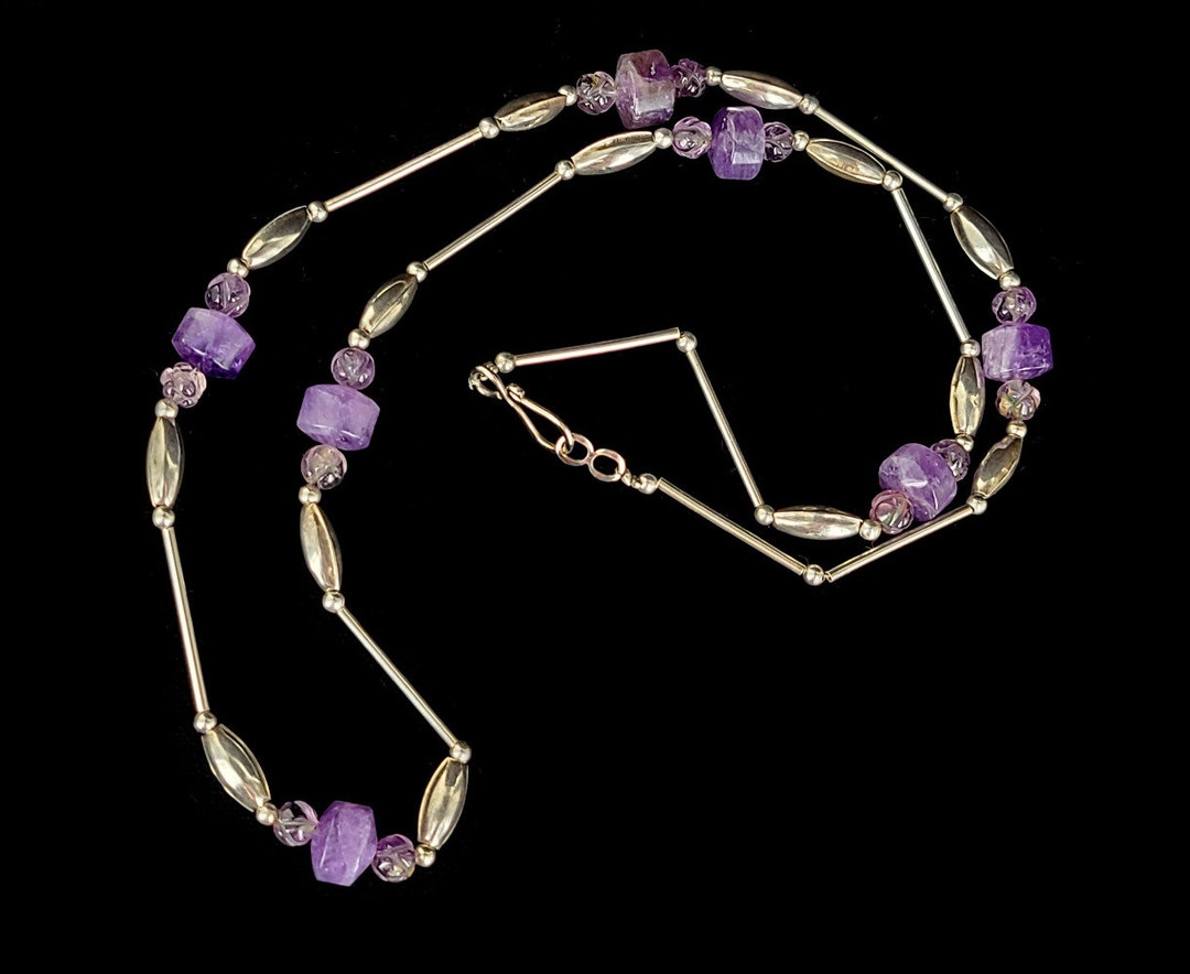 Vintage Sterling Silver Amethyst Liquid Silver Beads Beaded Necklace 27 ...