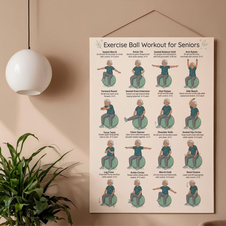 Exercise Ball Workout for Seniors Poster, Seated Fitness Chart for ...