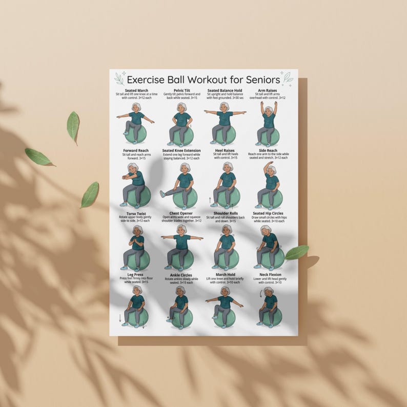 Exercise Ball Workout for Seniors Poster, Seated Fitness Chart for ...