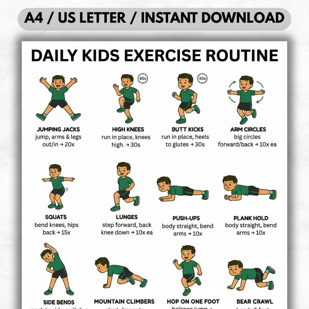 Kids Exercise Routine Chart | Daily Workout Moves Poster (digital ...