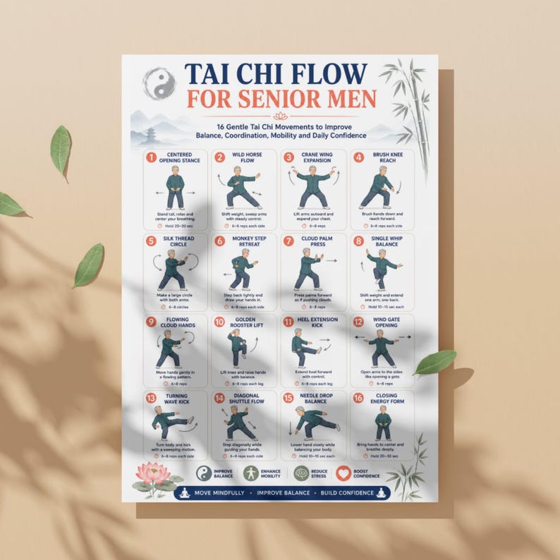 Tai Chi for Senior Men Printable, Tai Chi Exercise Poster, Balance ...