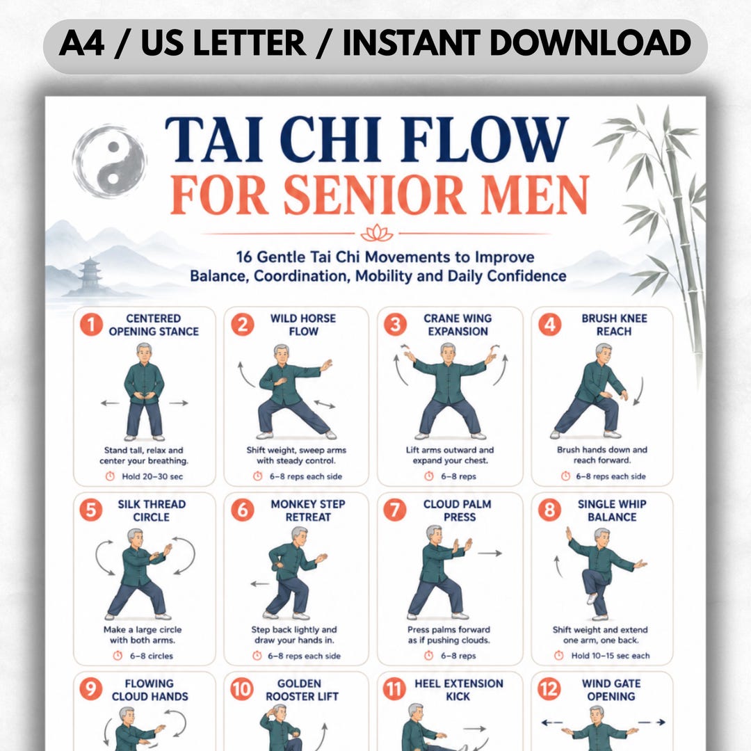 Tai Chi for Senior Men Printable, Tai Chi Exercise Poster, Balance ...
