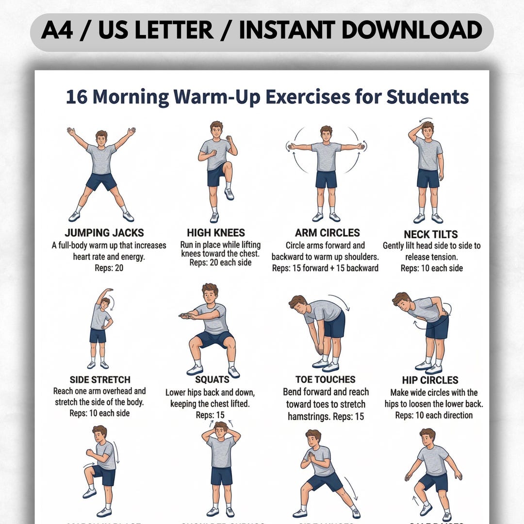 Morning Warm-up Exercises for Students Printable | Kids Fitness Chart ...