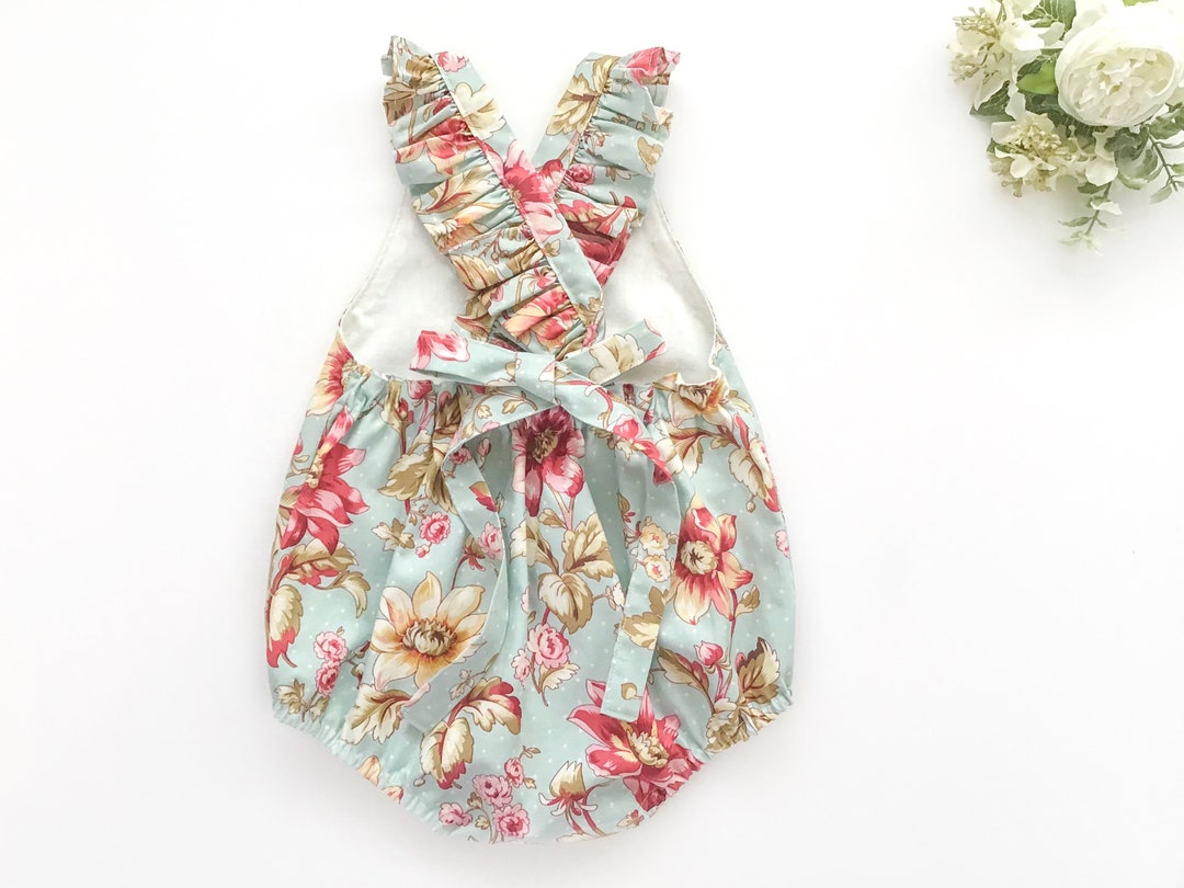 9/12m, Blue Floral Bubble Romper, Floral Baby Romper, Baby Bubble ...