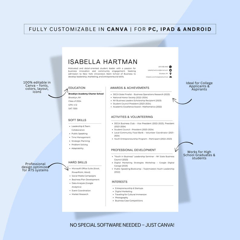 Student Resume Template: College & University Application CV (digital ...