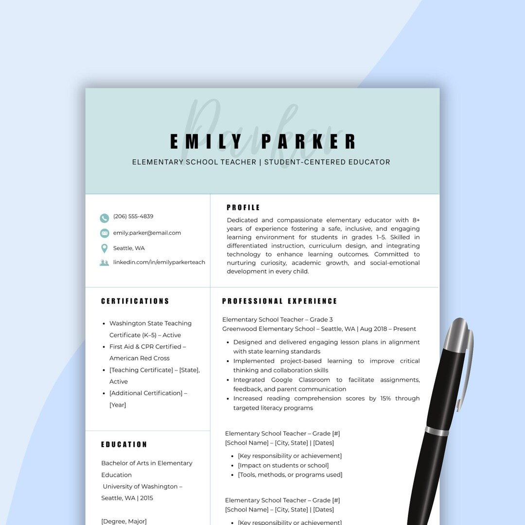 Teacher Resume Template, Elementary Education CV, Canva Editable, Cover ...