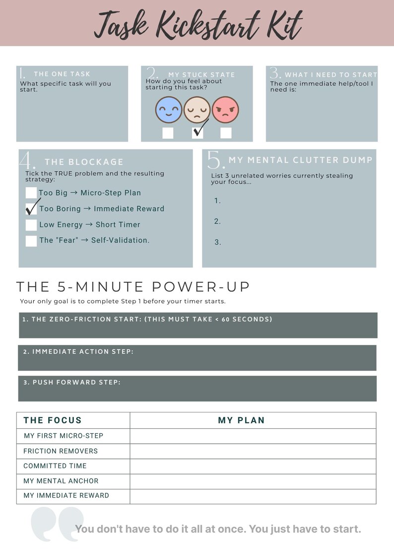 Editable ADHD Task Initiation Kit | 5-minute Focus Planner for Overwhelmed Moms | Exec Function ...