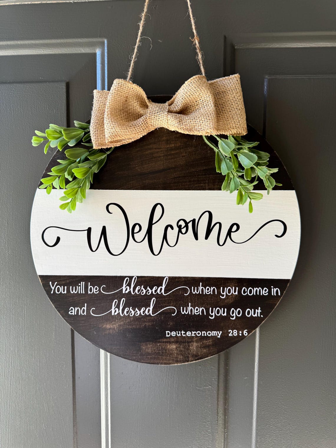 Welcome Scripture Door Sign | 12” Round Farmhouse Wood Hanger | Rustic ...