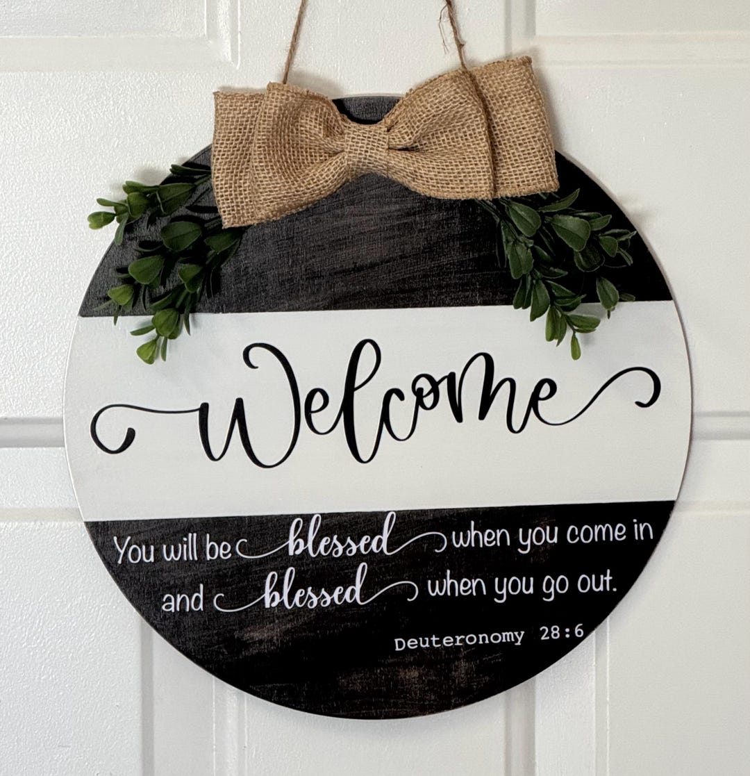 Welcome Scripture Door Sign | 12” Round Farmhouse Wood Hanger | Rustic ...