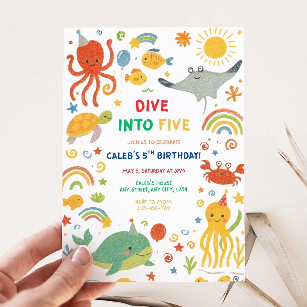 Dive Into Five Birthday Invitation, Editable Ocean Theme 5th Birthday ...