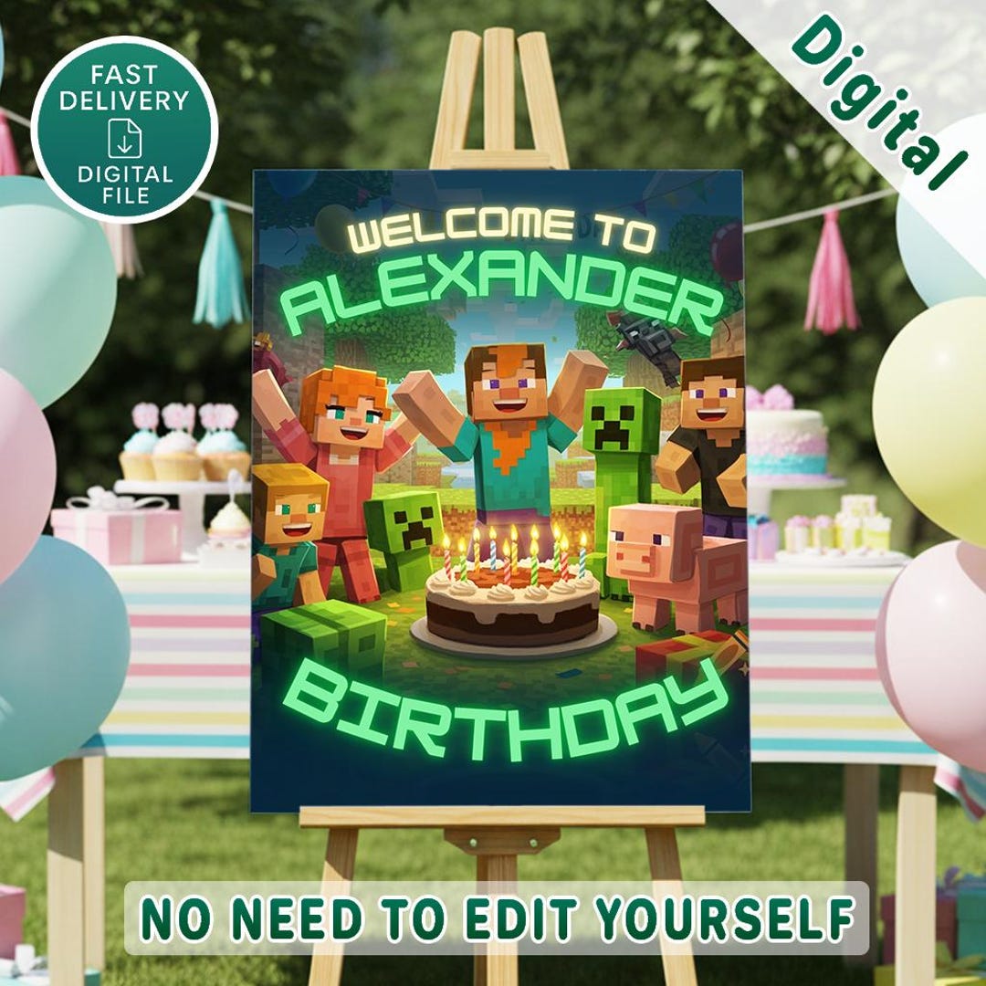 Minecraft Birthdaywelcome Sign Editable Digital Template Gamer Party ...
