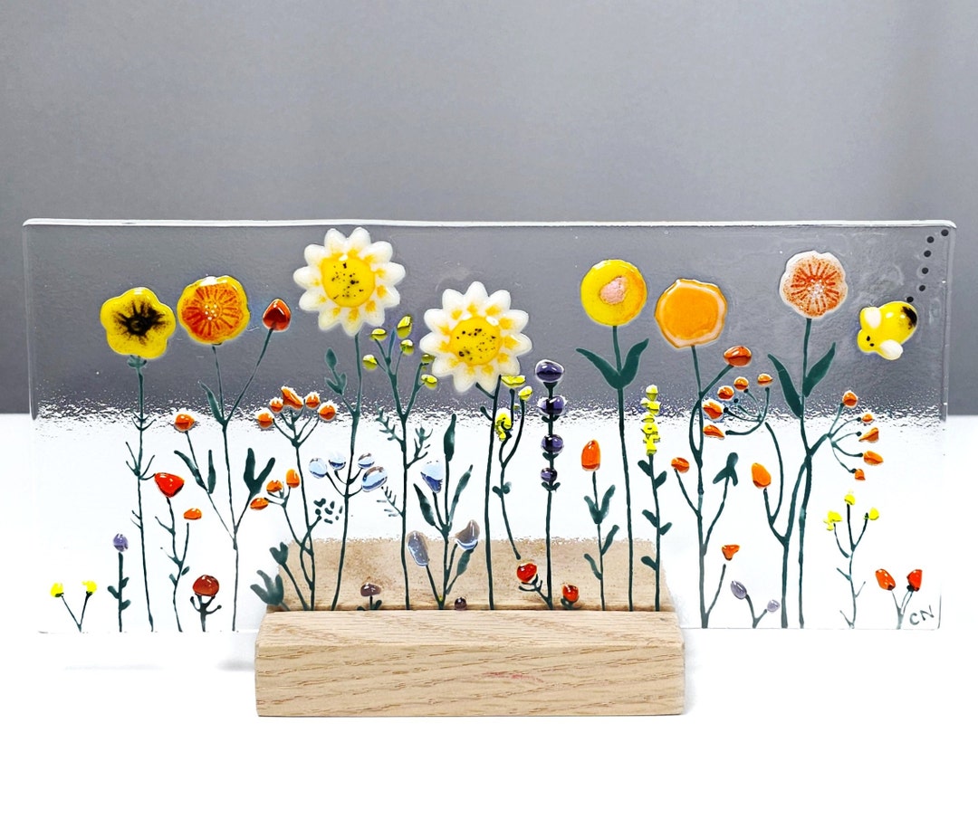 Summer Flower Garden Suncatcher, Wood Stand, Fused Glass, Handmade ...