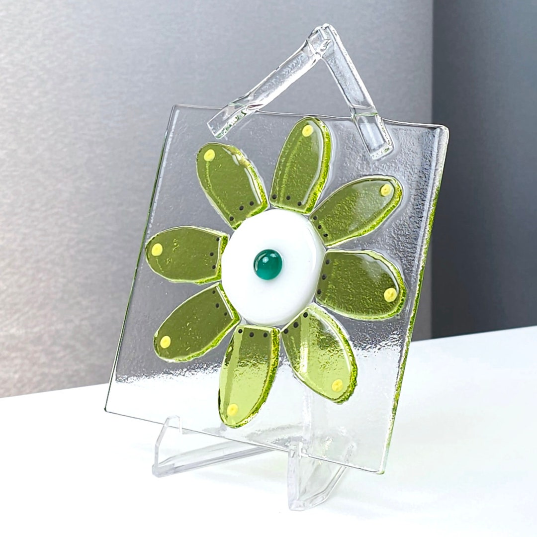 Lime Green Glass Flower, Retro Flower Art, Window Suncatcher, Hanging ...