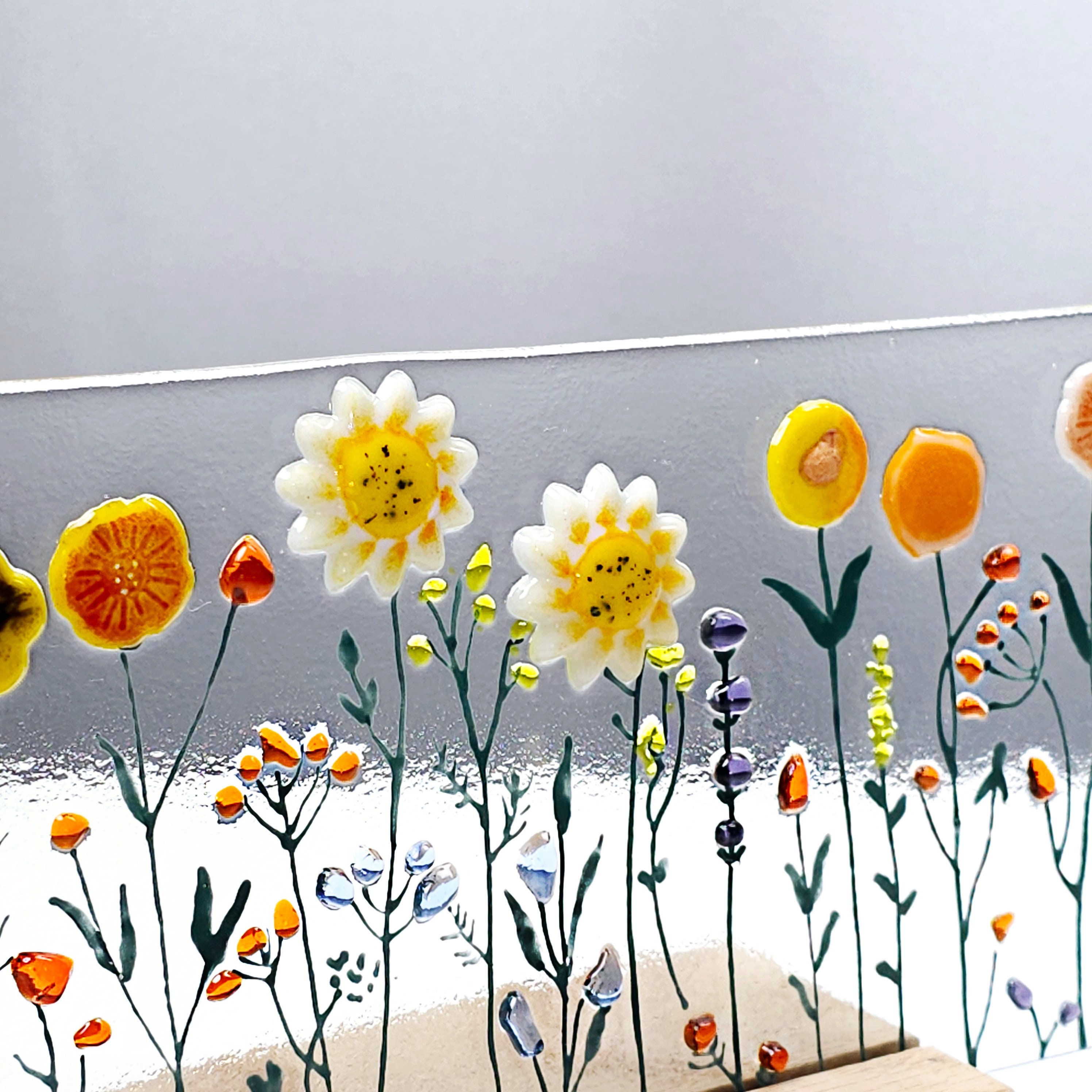 Summer Flower Garden Suncatcher, Wood Stand, Fused Glass, Handmade ...